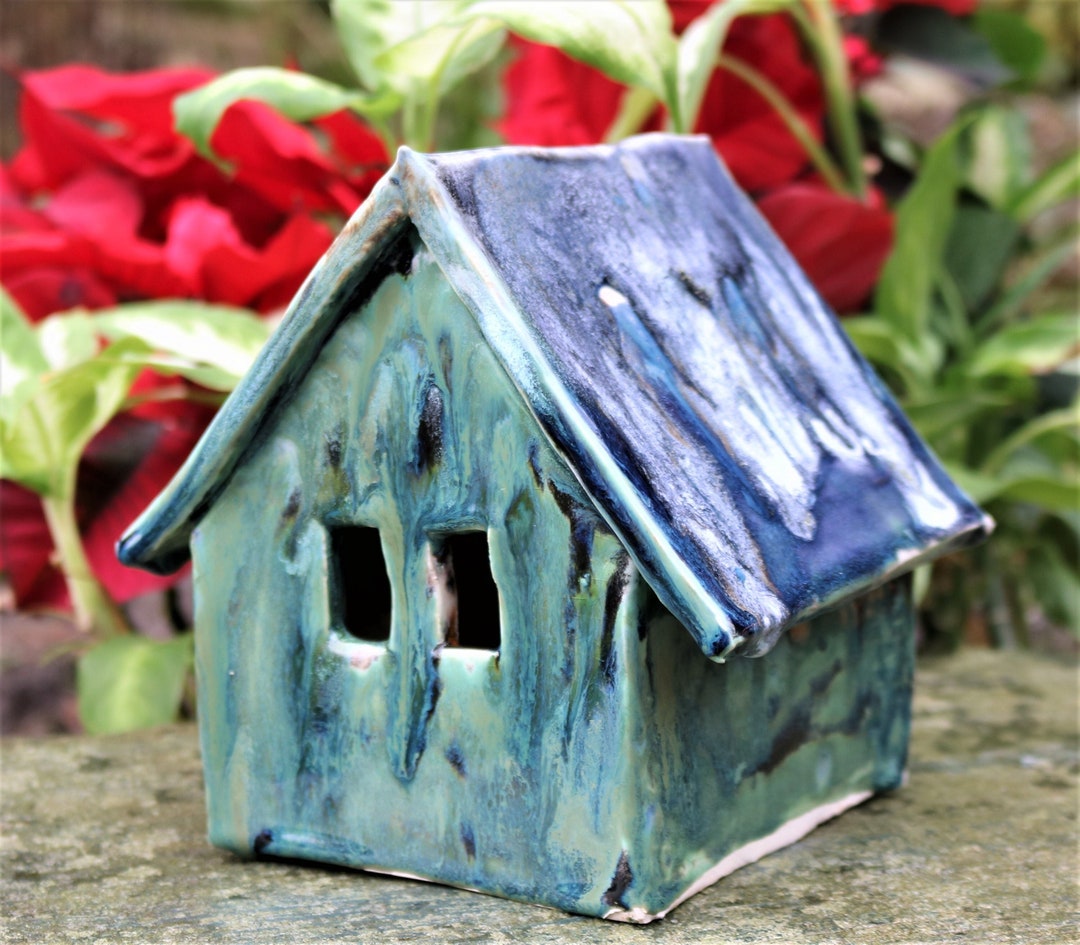 Handmade Ceramic House: Drippy Green & Blue Glaze, Incense Burner - Etsy
