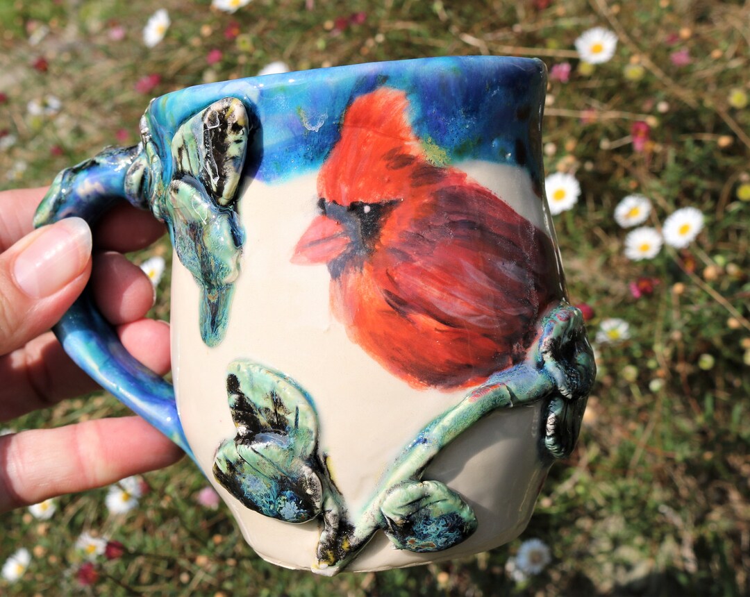 Red Cardinal Hand Painted Mug and Hand Sculpted Leaves, Hand Made Mug ...