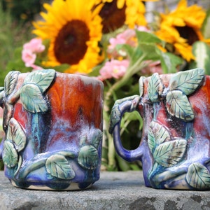 Choice of Two Hand Made Leafy Ceramic Mugs With Orange and Blue Ombre ...