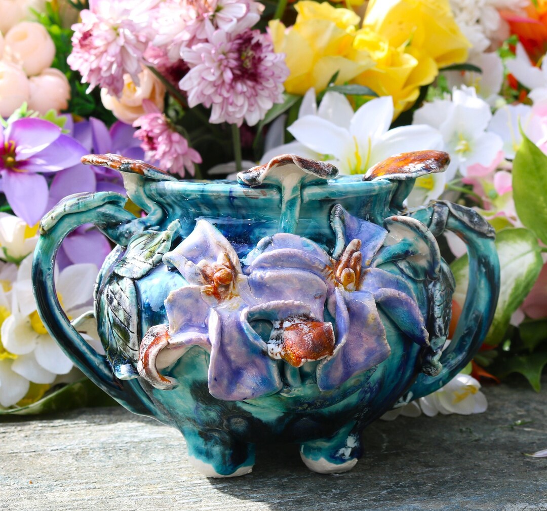 Beautiful Blue Ceramic Cauldron With Leaves and Flowers, Cauldron ...