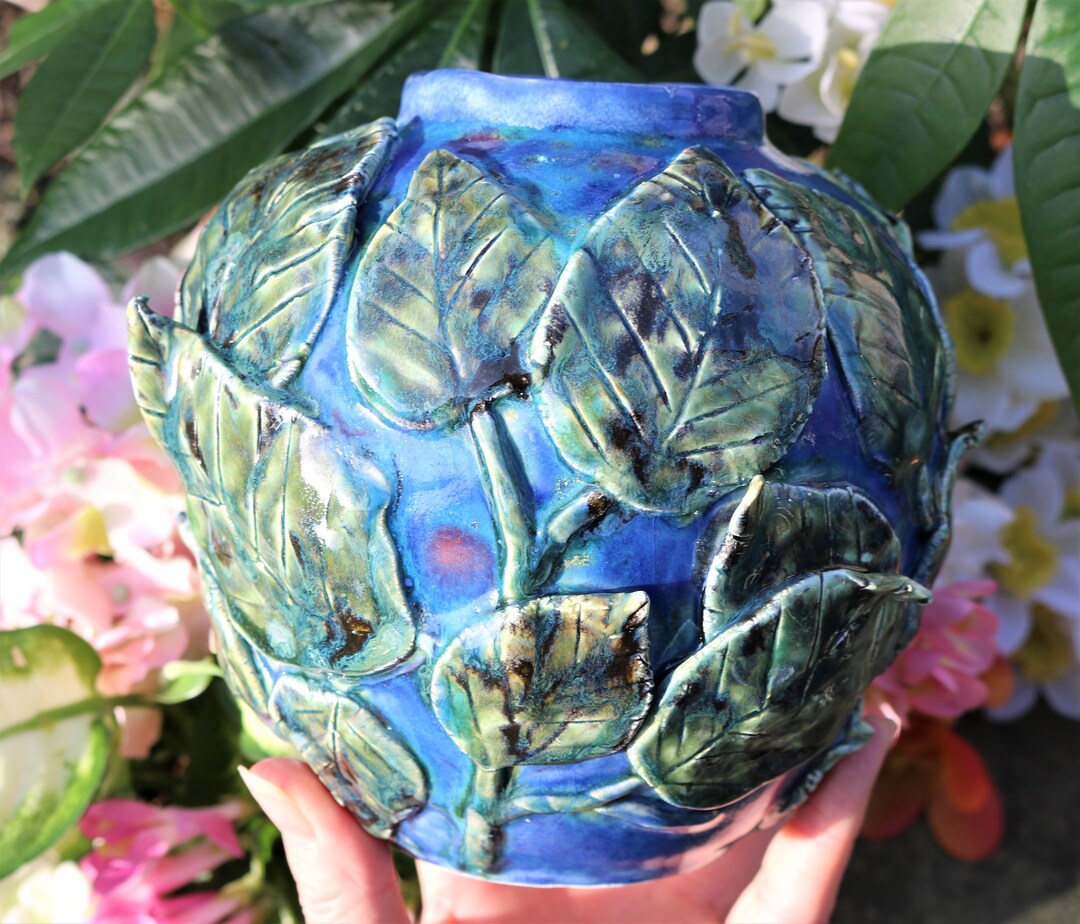 Hand Sculpted Ceramic Leafy Blue Vase, Hand Made Vase, Nature Vase, Fat ...