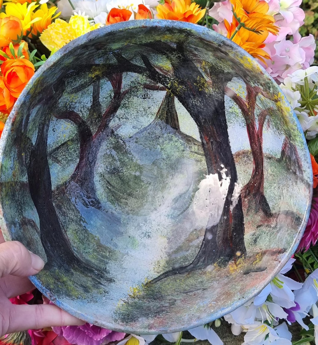 Deep Ceramic Bowl With Hand Painted Trees and Forest Scene, Forest Bowl ...