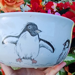 Hand Painted Large Yarn Bowl With Penguins Penguin Yarn Bowl - Etsy