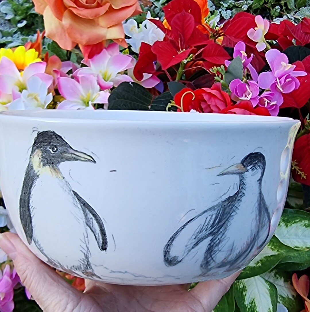 Hand Painted Large Yarn Bowl With Penguins Penguin Yarn Bowl - Etsy