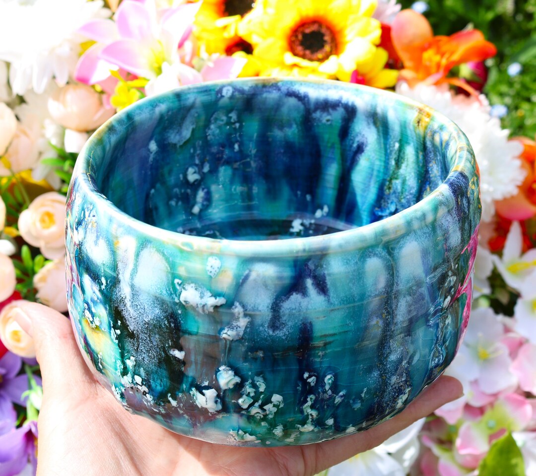 Large Wonky Wobbly Lopsided Hand Made Blue and White Ceramic Bowl With ...