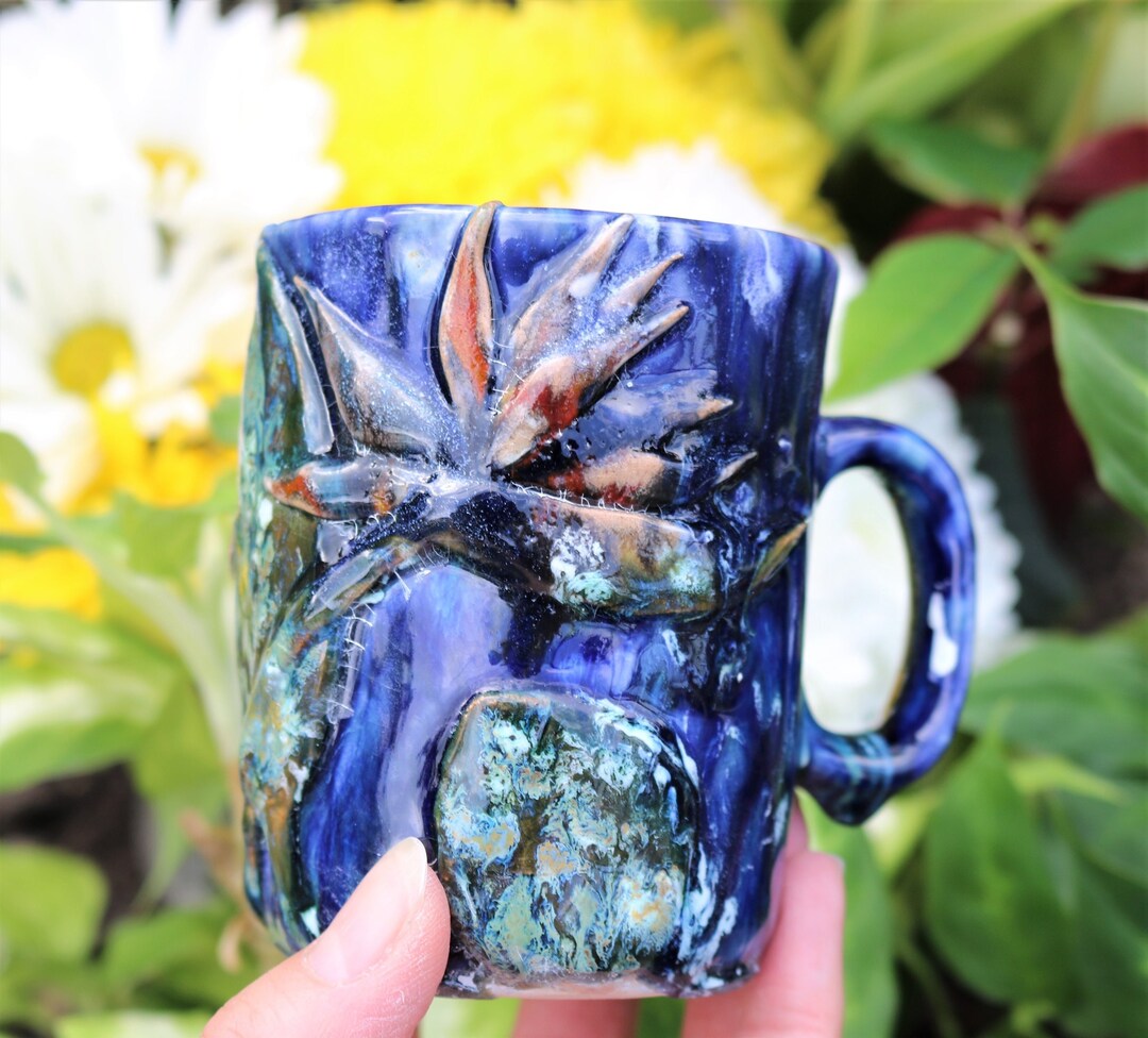 Handmade Bird of Paradise Mug: Drippy Blue Glaze, Sculpted Flowers - Etsy