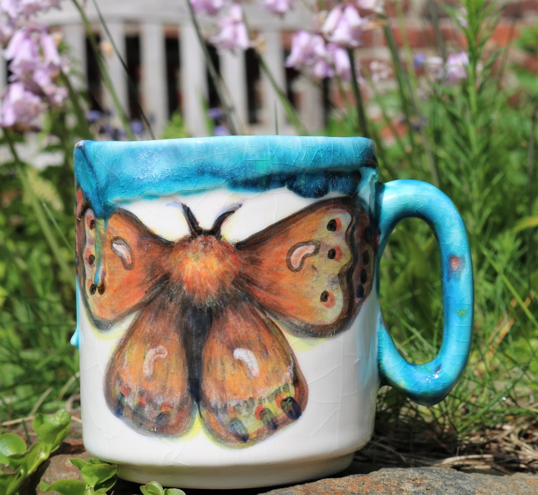 Hand Painted Ceramic Mug With Butterfly Moth Design, Hand Made Mug ...