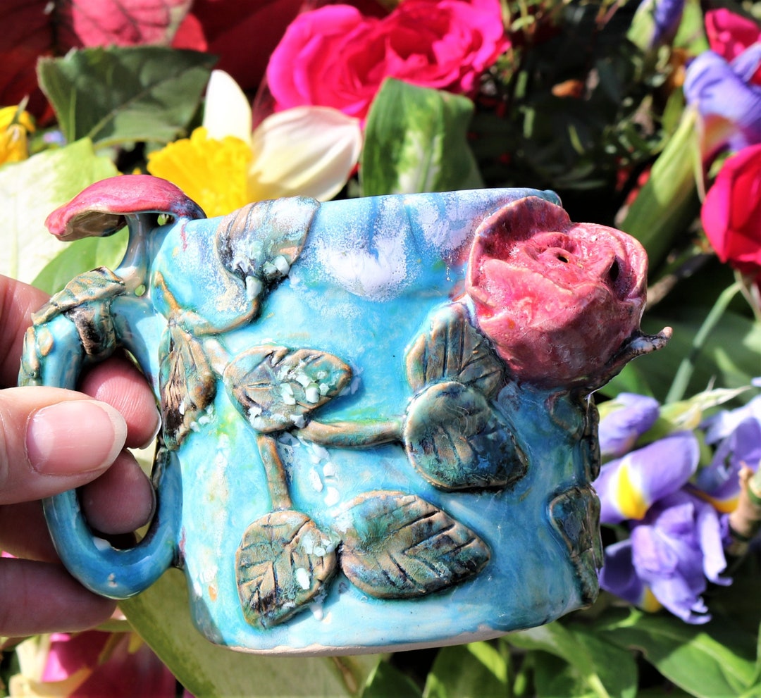 Hand Sculpted Ceramic Rose Mug With Hand Painted Glaze, Rose Mug ...