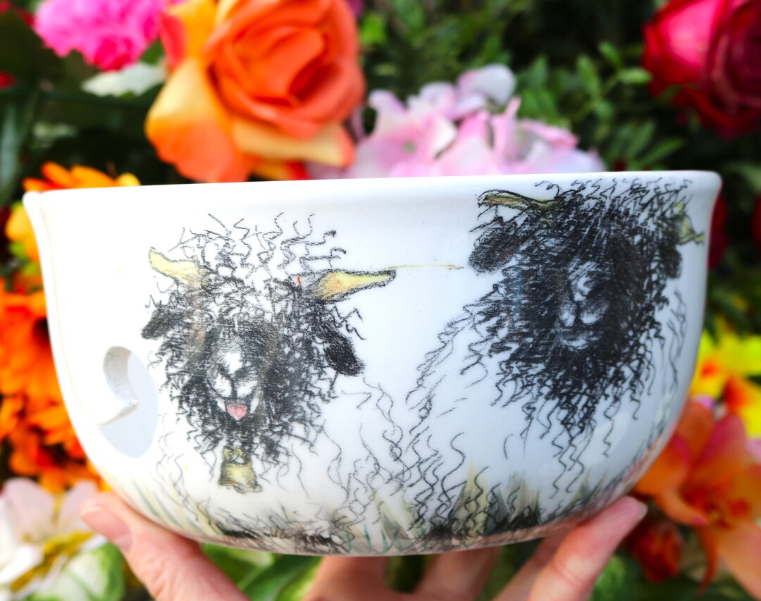 Hand Painted Larger Yarn Bowl With Hand Sketched Sheep Design, Yarn ...