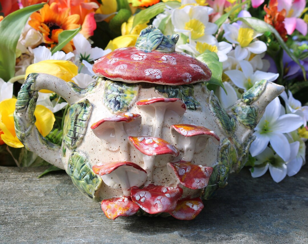 Hand Sculpted Teapot With Mushrooms and Toadstools and Leaves, Fairy ...