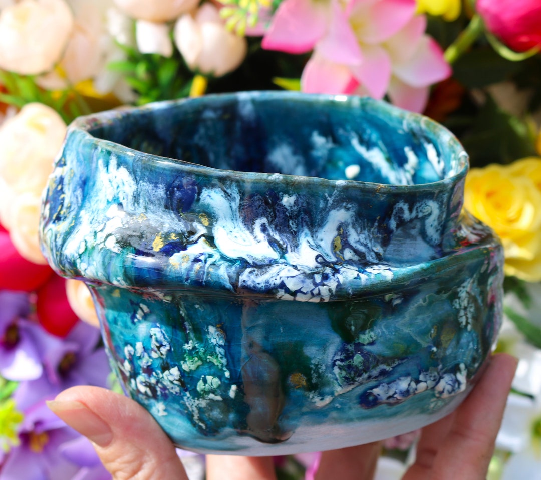 Small Wonky Wobbly Lopsided Hand Made Blue and White Ceramic Bowl With ...