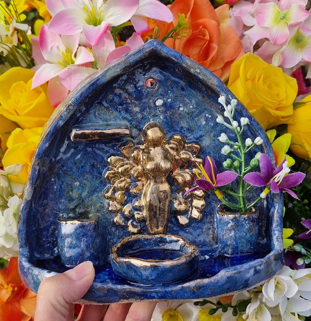 Ceramic Goddess Shrine With 24ct Gold Lustre, Angel Shrine, Blue ...
