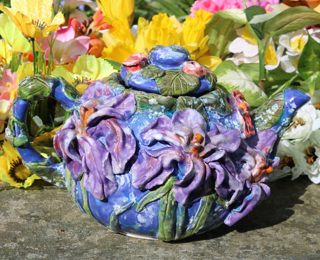 Hand Sculpted Teapot With Iris Flowers, Poppies and Leaves, Floral ...