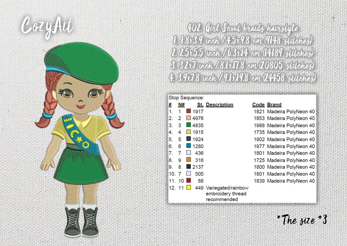 DIGITAL: Girl Scout Braids Hairstyle - 4 Sizes Embroidery Design for ...