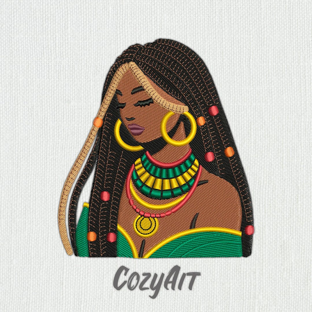 DIGITAL: African Queen Embroidery Design With Braided Hair, Beaded ...