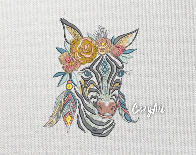 DIGITAL: Zebra With Flowers Boho Style 3 Sizes Embroidery - Etsy