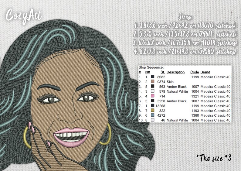 DIGITAL: Michelle Portrait - 4 Sizes Embroidery Design for Machine ...