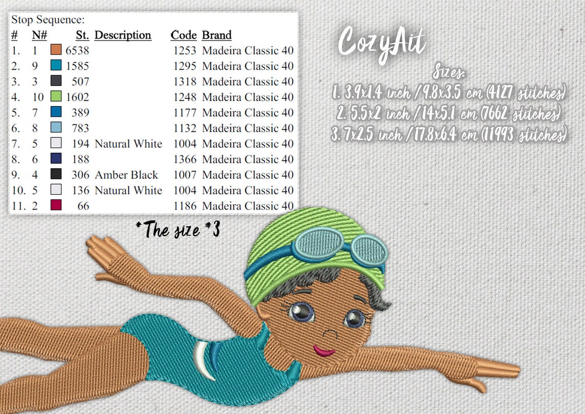 DIGITAL: Swimmer Girl - 3 Sizes Embroidery Design for Machine ...