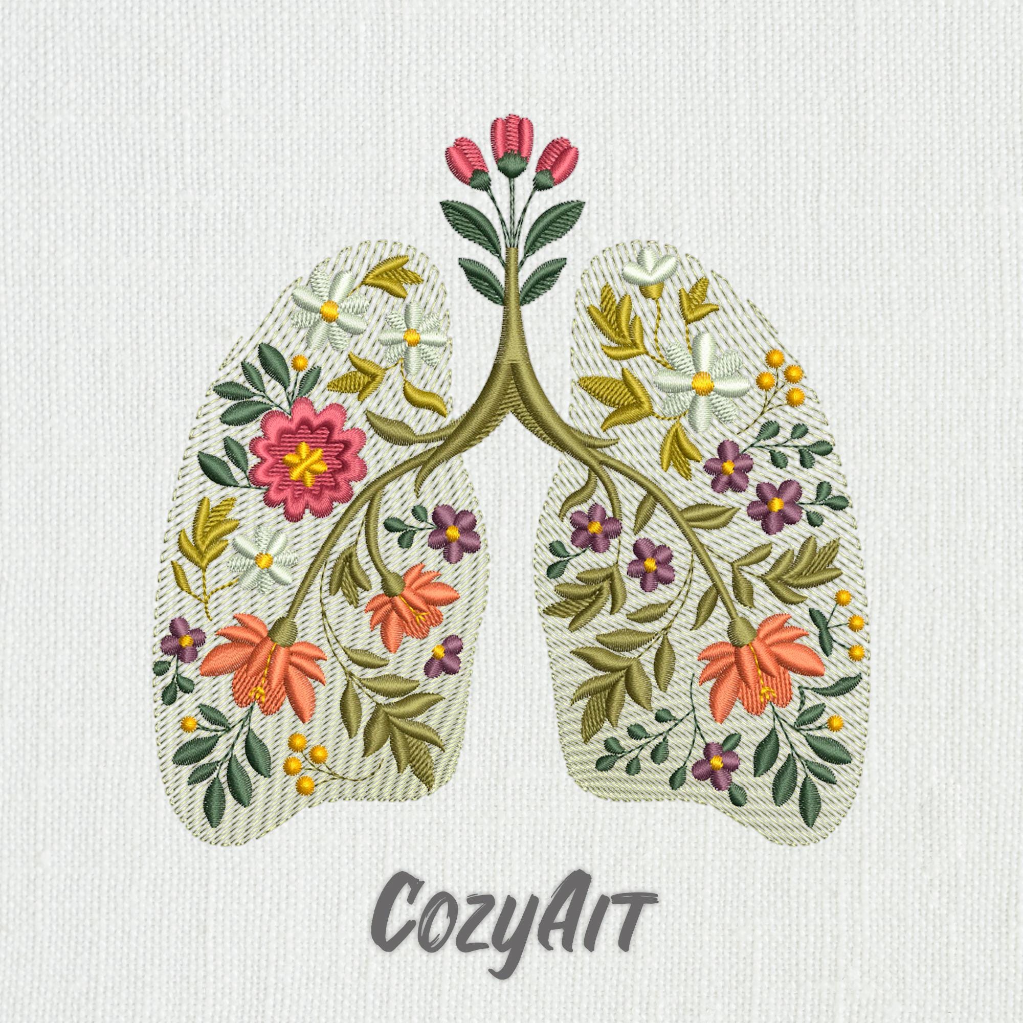 DIGITAL: Lungs Shape Stylized With Flowers -4 Sizes Embroidery Design ...