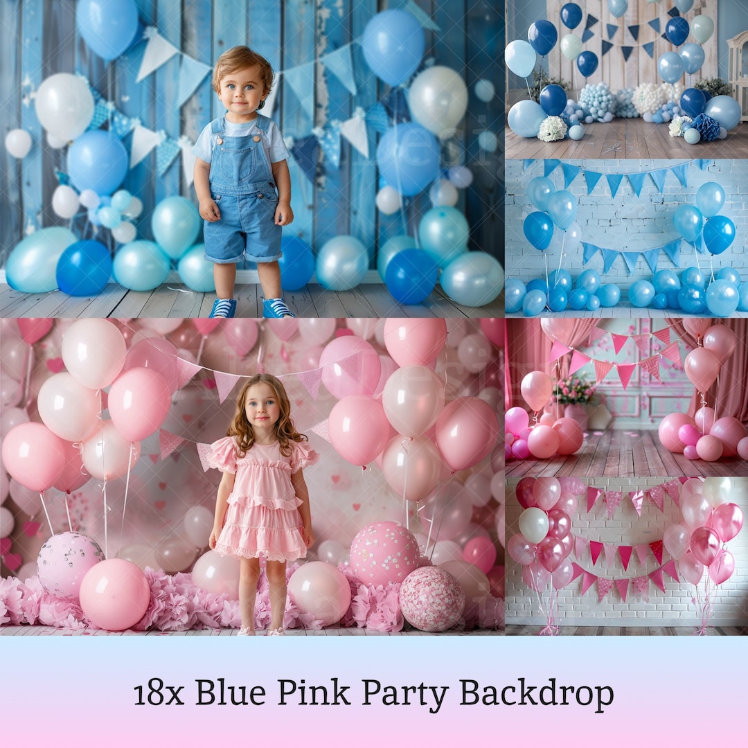 18x Blue Pink Party Backdrop | Balloon Flag Birthday Digital ...
