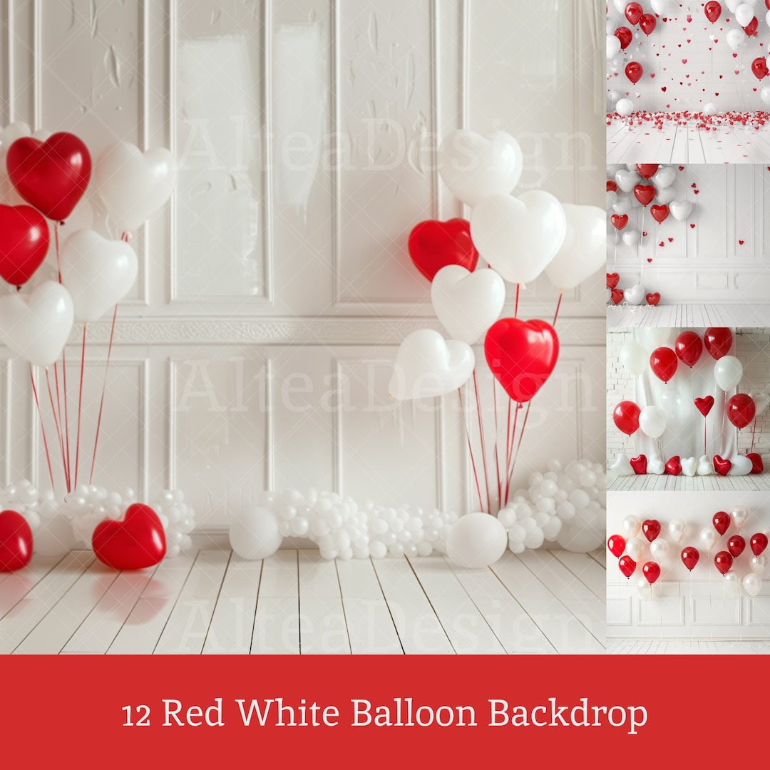 12x Red White Balloon Party Backdrop | Balloon Flag Birthday Digital ...