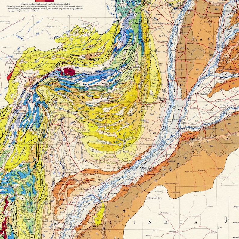 Geological Map Of Pakistan Geologic Pakistan Map Geology | Etsy