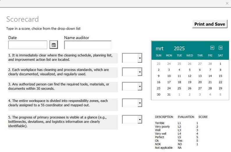 5S Audit Scorecard Excel Template | Process Management Template | 5S ...