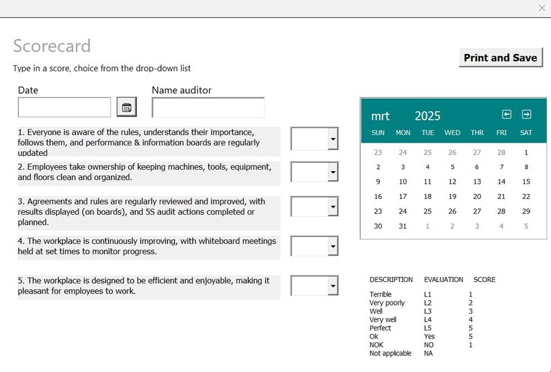 5S Audit Scorecard Excel Template | Process Management Template | 5S ...