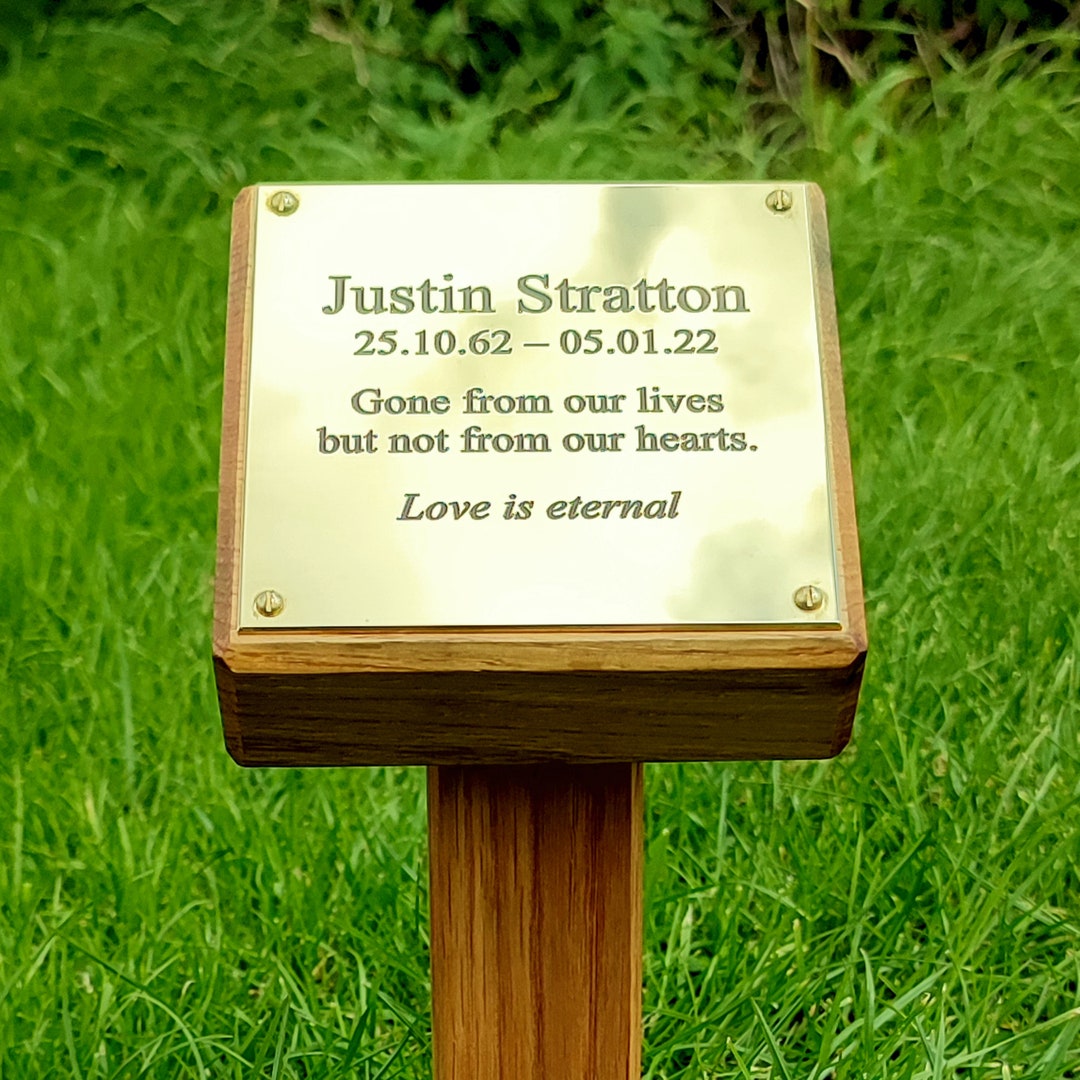 Wooden Memorial Post & Plaque With Engraved Brass Front, for Pets, Tree ...
