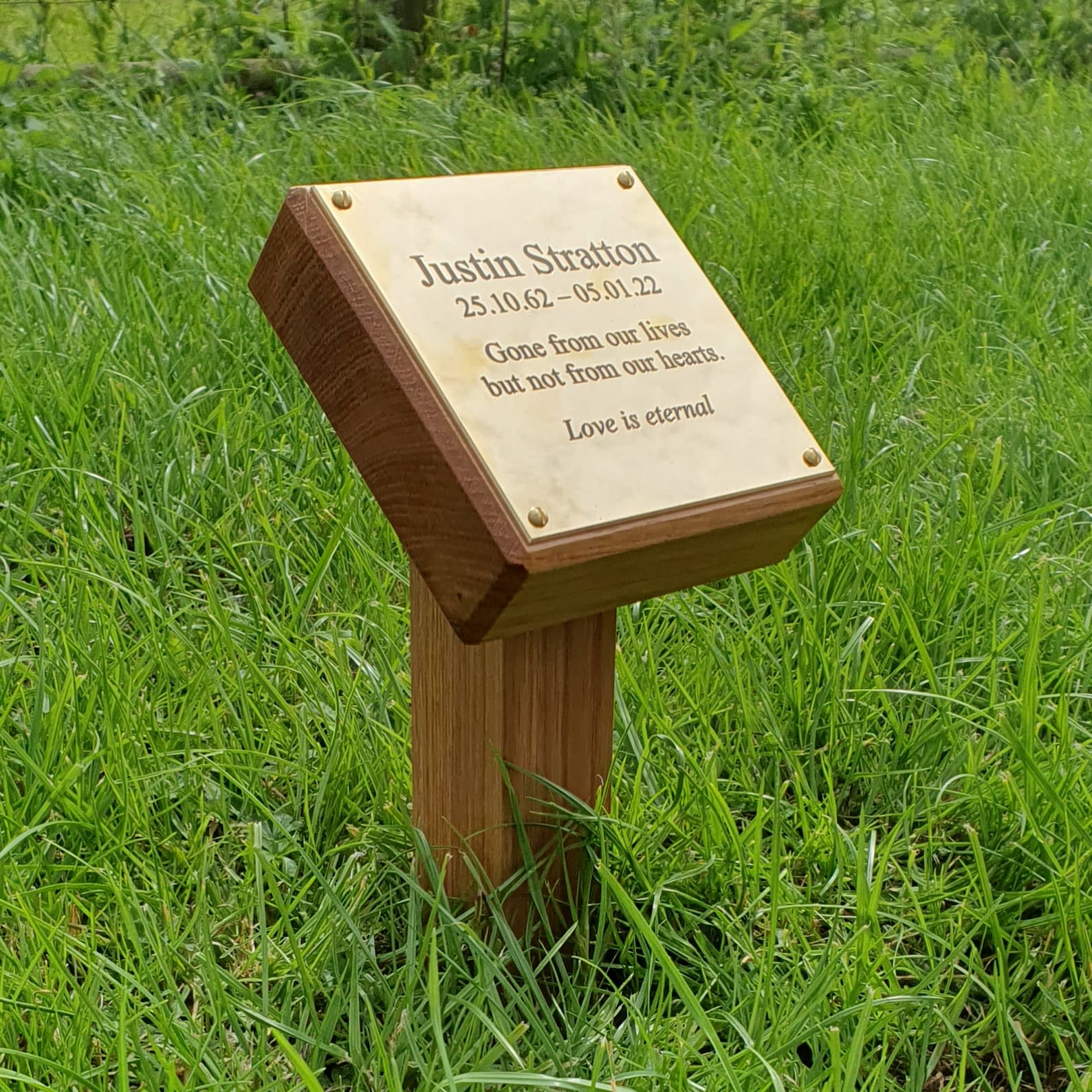 Wooden Memorial Post & Plaque With Engraved Brass Front, for Pets, Tree ...