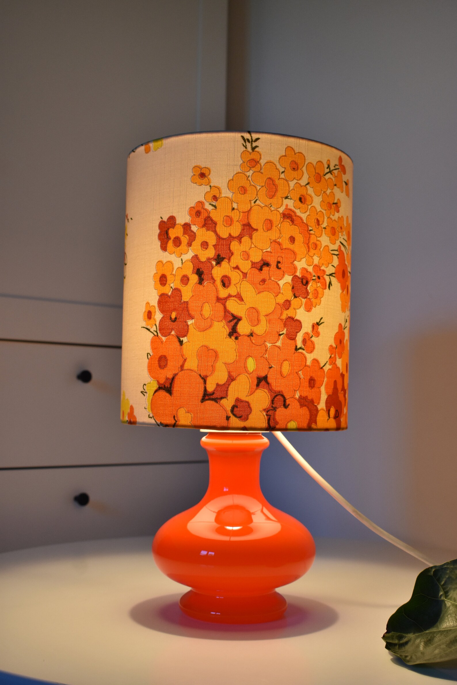 Rare 70s Cased Glass Table Lamp With Original Shade With Flower Pattern ...