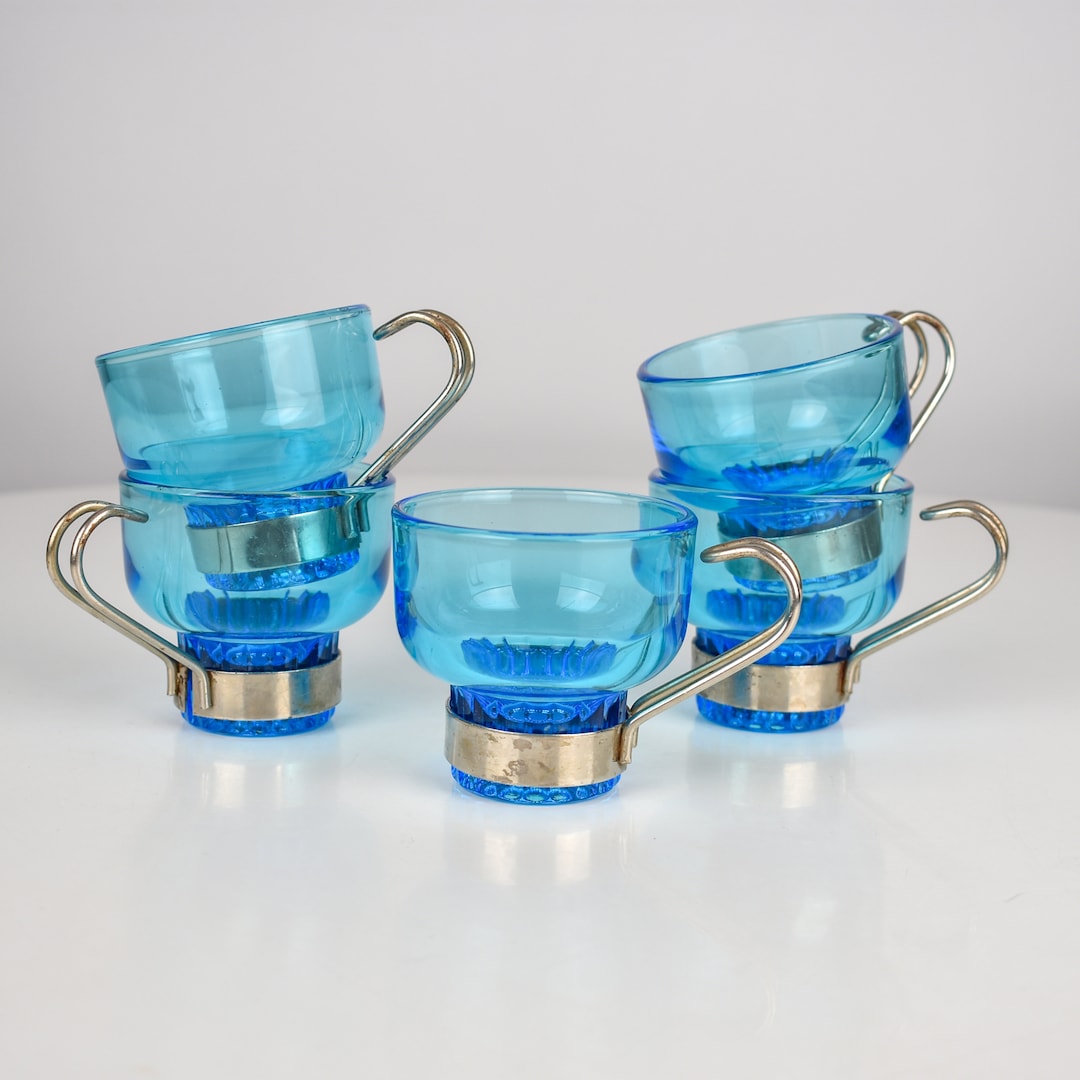 Set of Five Vintage Italian Espresso Cups Made in the 70s / Blue Glass ...