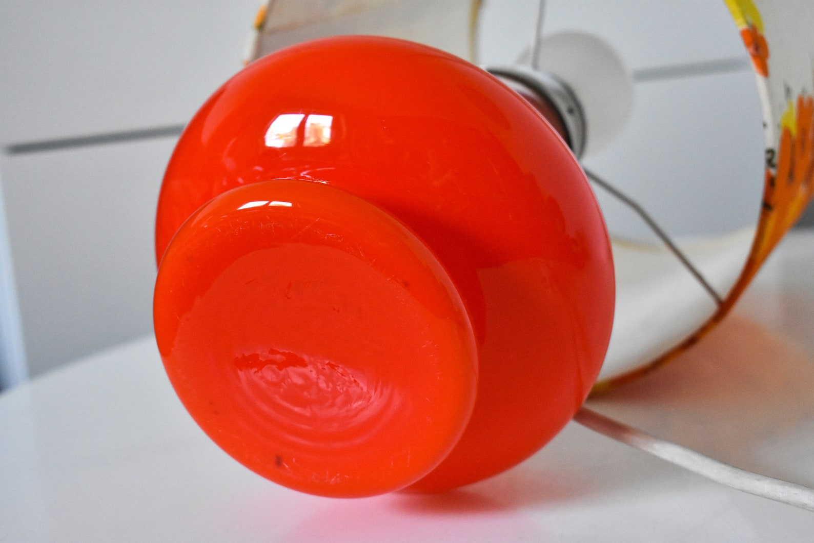 Rare 70s Cased Glass Table Lamp With Original Shade With Flower Pattern ...