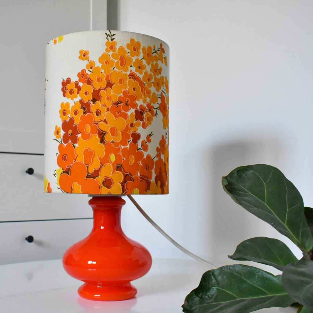 Rare 70s Cased Glass Table Lamp With Original Shade With Flower Pattern ...