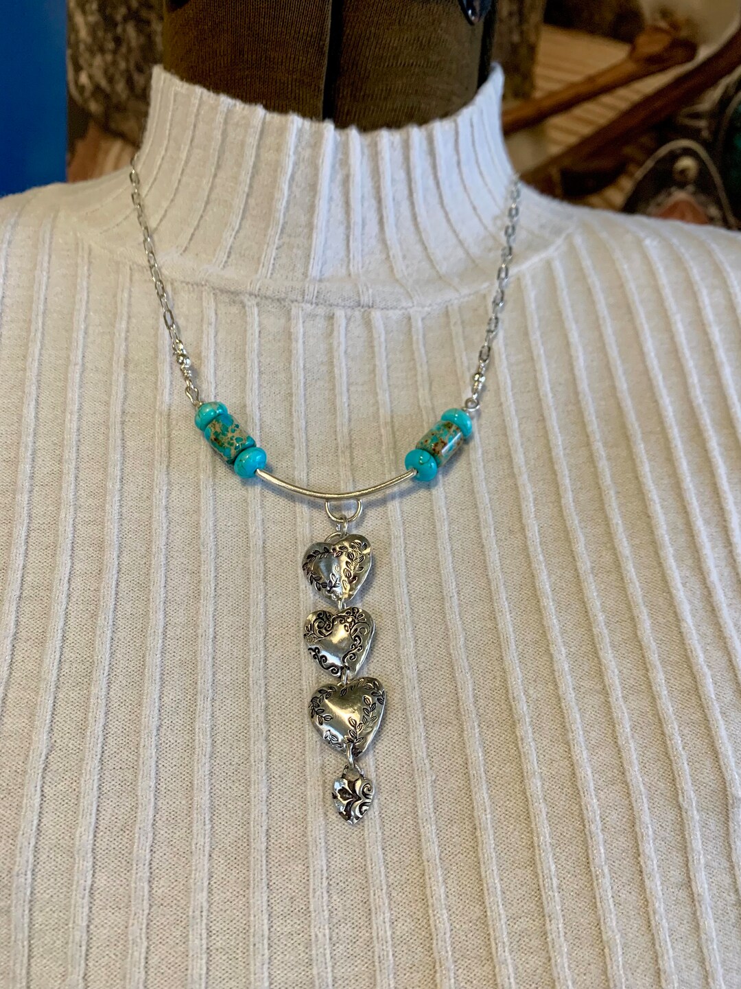 Sterling Silver Heart Dangle Necklace: Turquoise Accent Beads, Artisan ...
