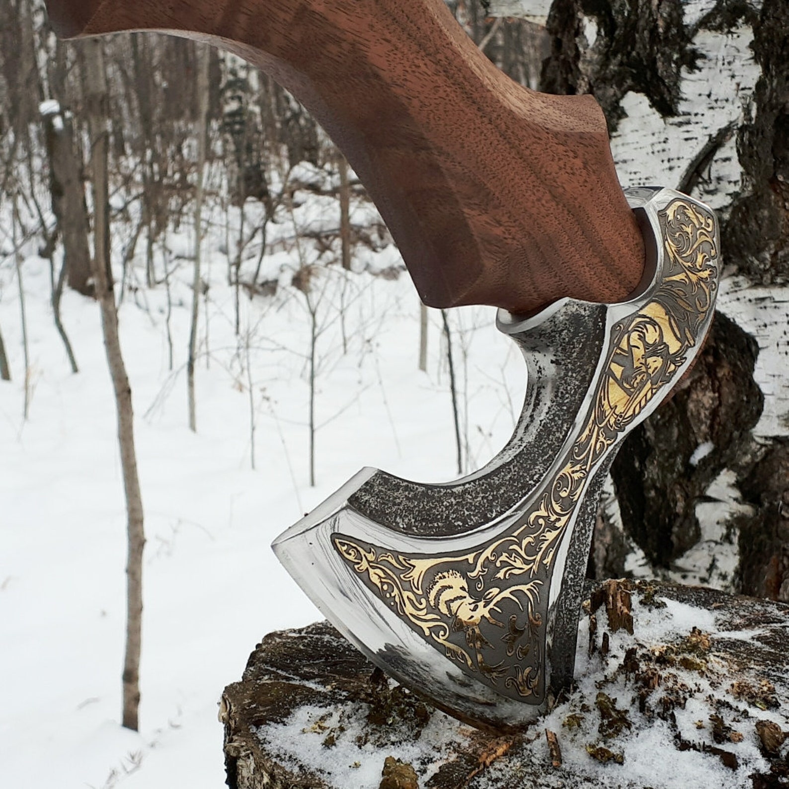 Axe with an engraving and gilding. Hunter and deer. | Etsy