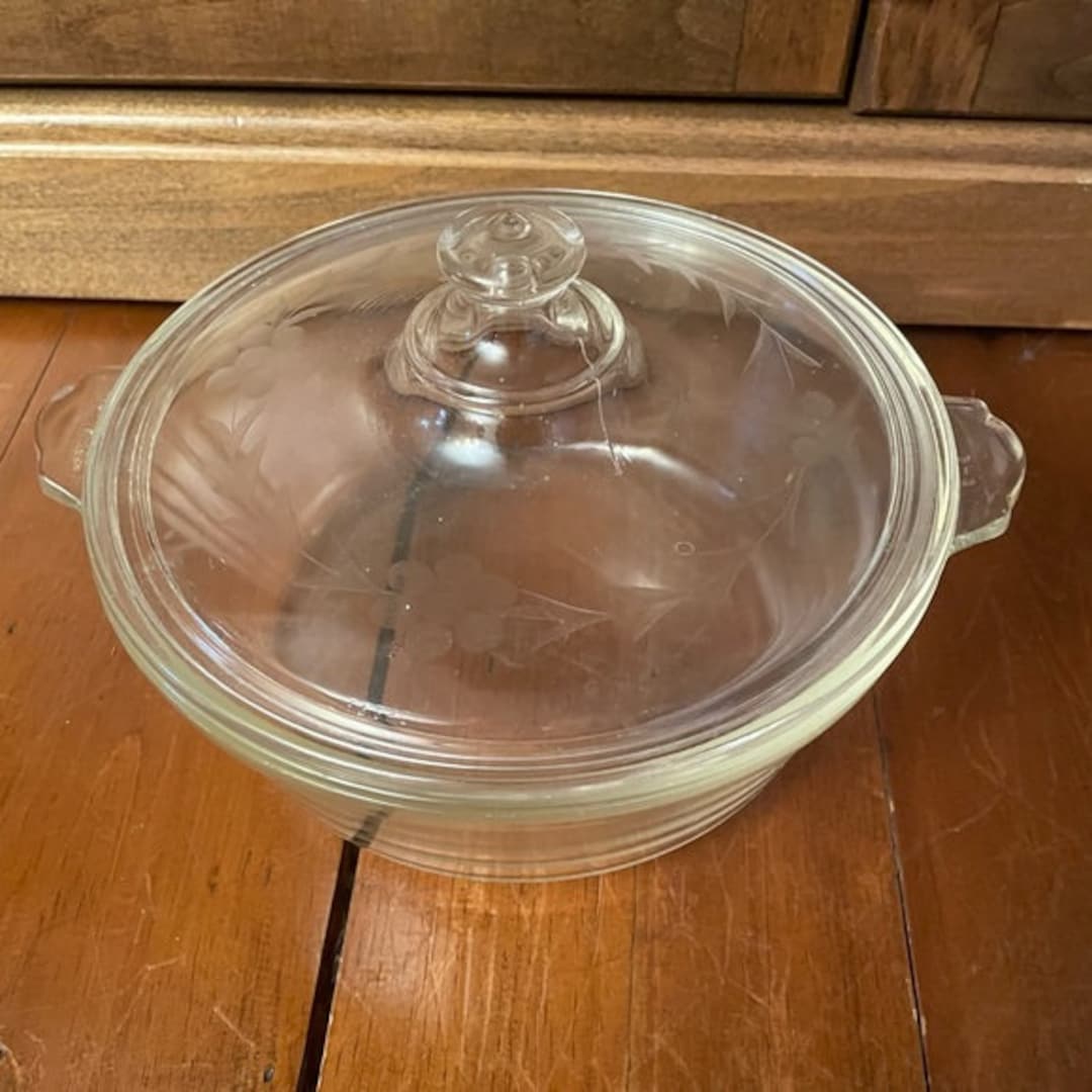 Vintage Old Stamp Pyrex Clear Glass Casserole Dish With Floral Lid 7.5 ...