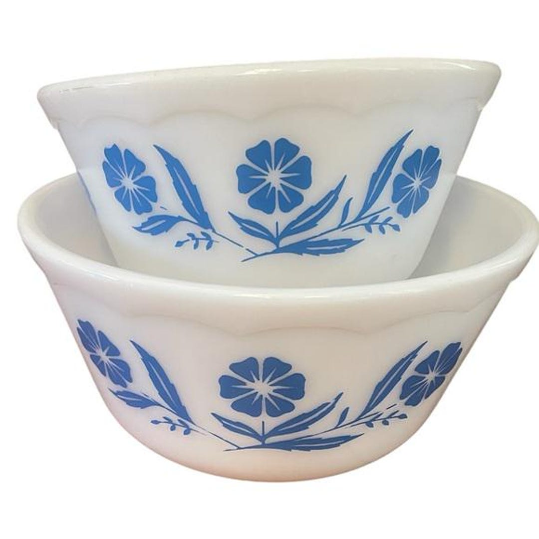 Vintage Hazel Atlas Blue Cornflower Scalloped Edge White Milk Glass ...