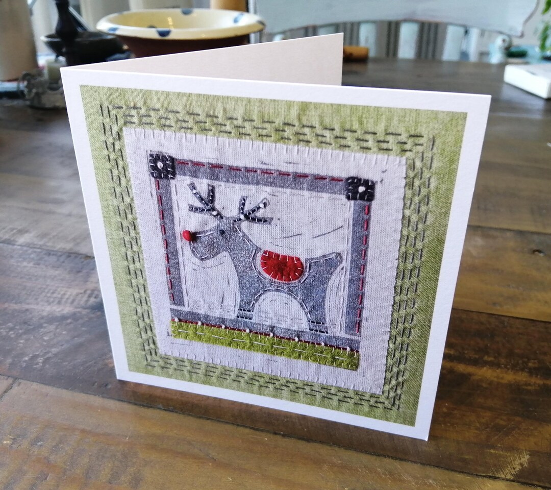 Embellished Linocut Print Reindeer Christmas Card Art Card Blank Inside ...
