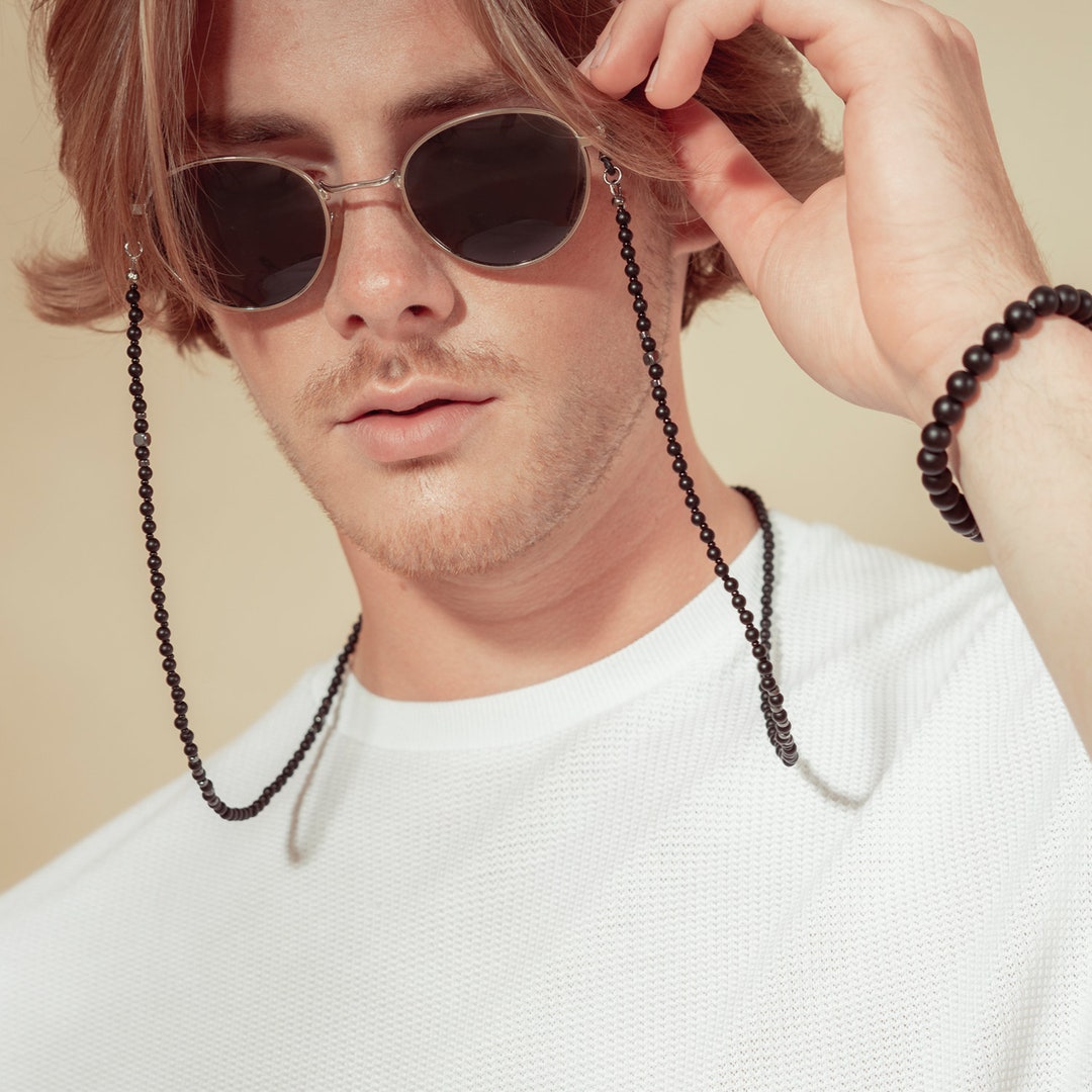 Men’s Onyx Beaded Glasses Chain, Handmade Sunglasses String, Stylish ...