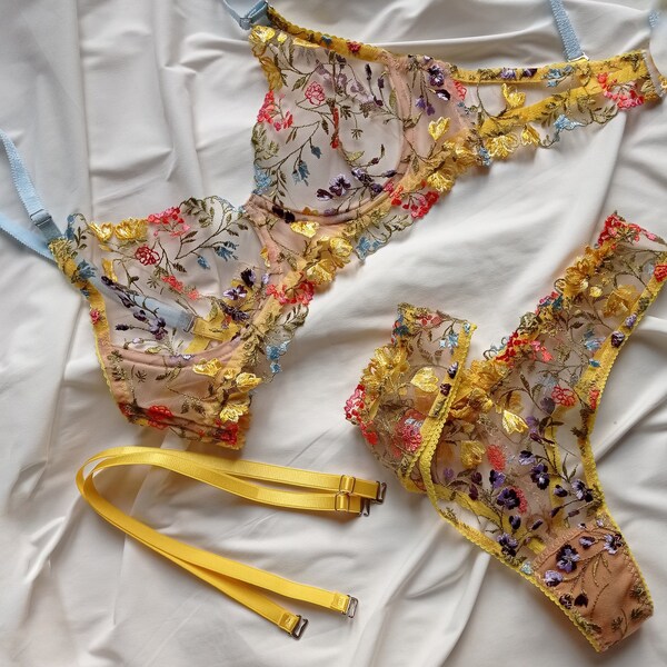 Black Sheer Bra Embroidered Lingerie Set Floral Lingerie Set Mesh Bra ...