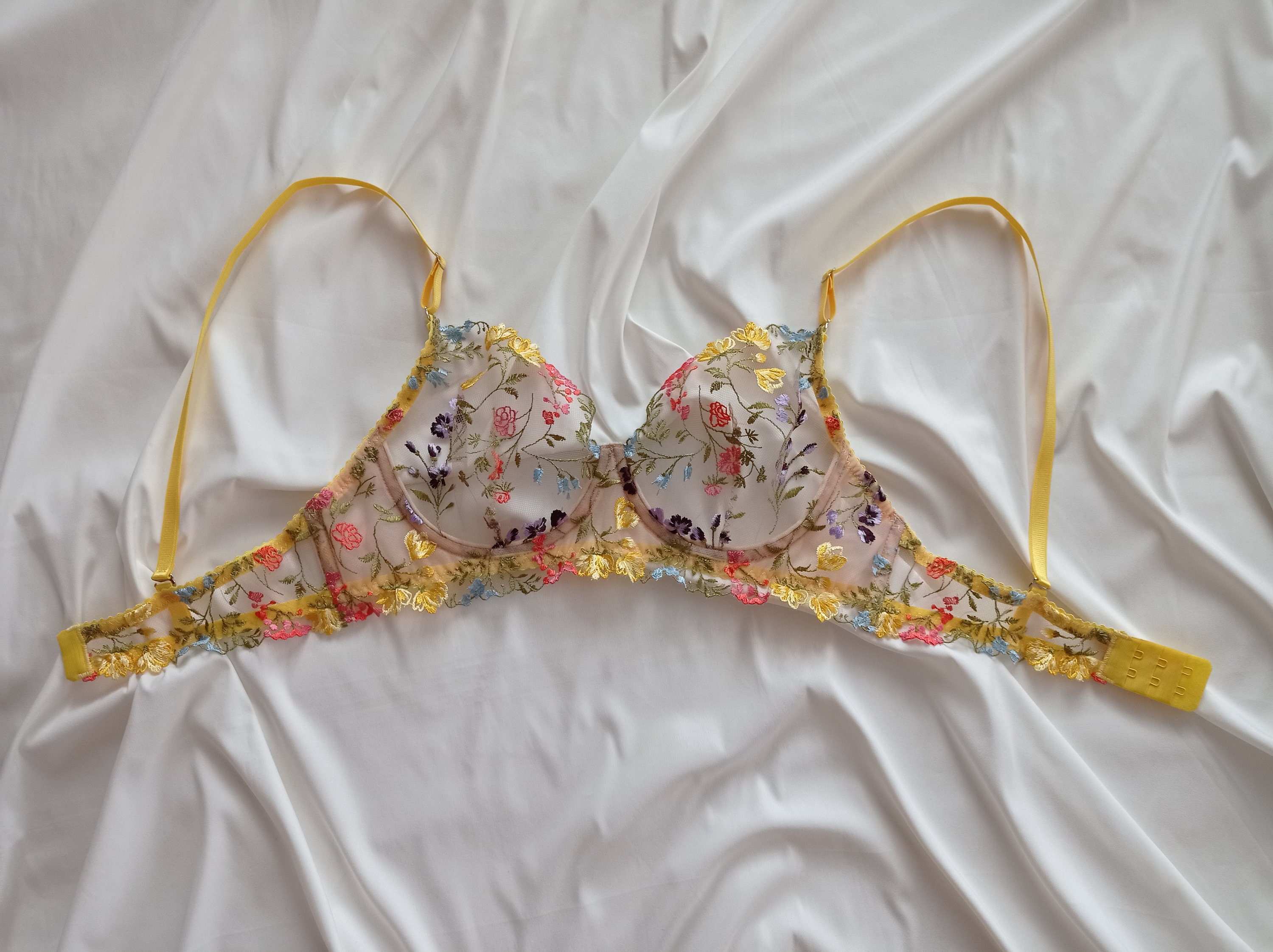 Embroidered Lingerie Set, Floral Lingerie Set, Mesh Bra, Garter Belt ...