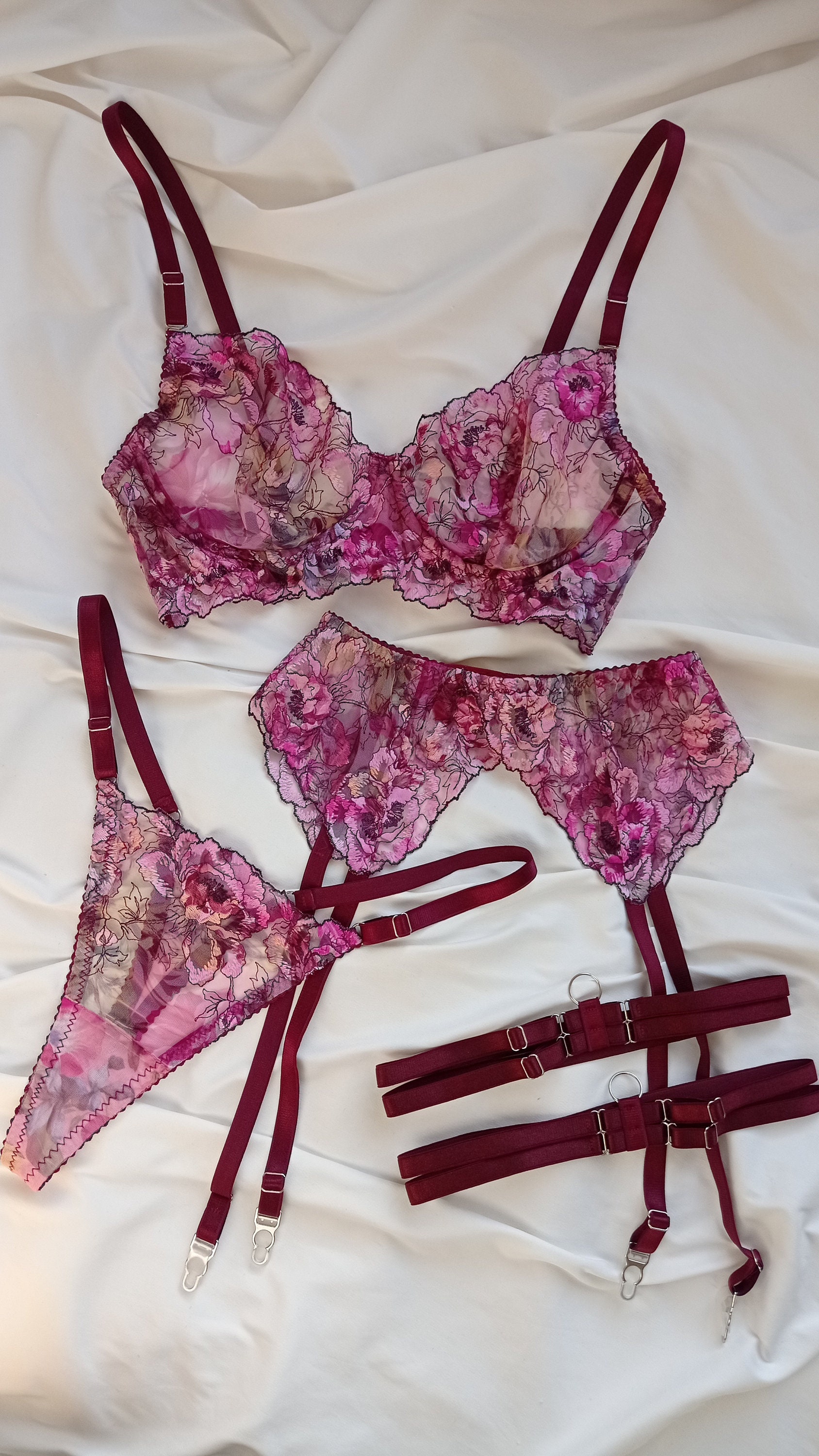 Pink Embroidered Lingerie Set, Floral Lingerie Set, Lace Panty, Sheer ...