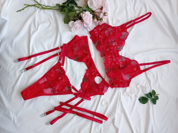 Red Lace Lingerie Set Sexy Red Lingerie Lace Bra and - Etsy