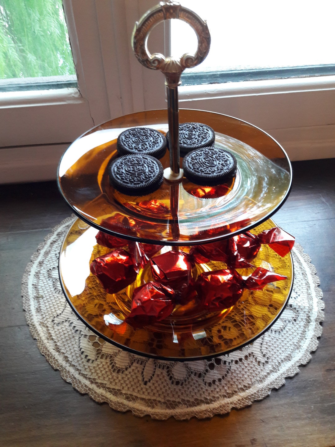 Amber Glass Tiered Cake Stand, Duralex, Vintage, France. - Etsy