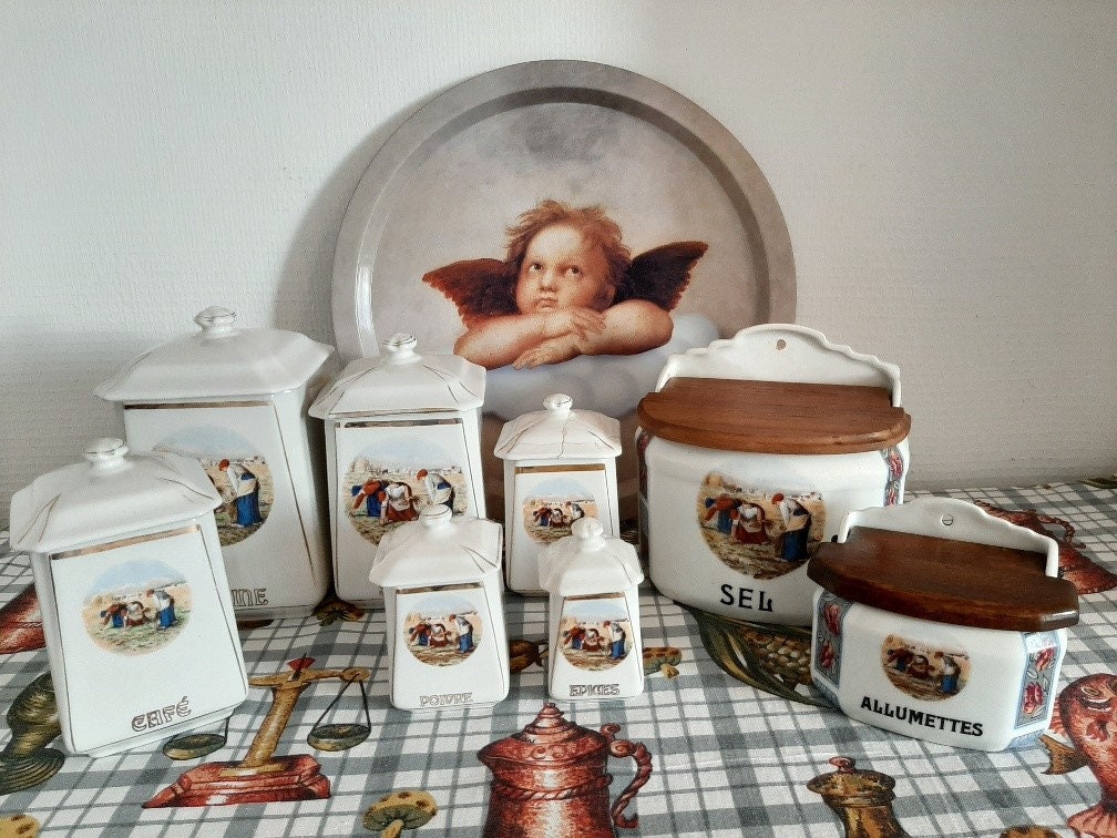 Series of Spice Jars, Salt Box, Matchbox in French Porcelain, Glaneuses ...