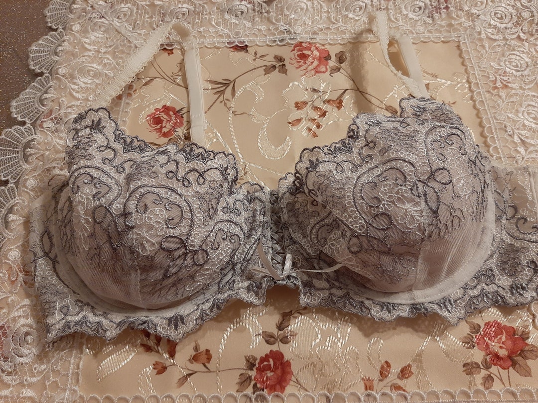 Vintage French Aubade, Underwired Balconette Bra, White and Gray Lace ...