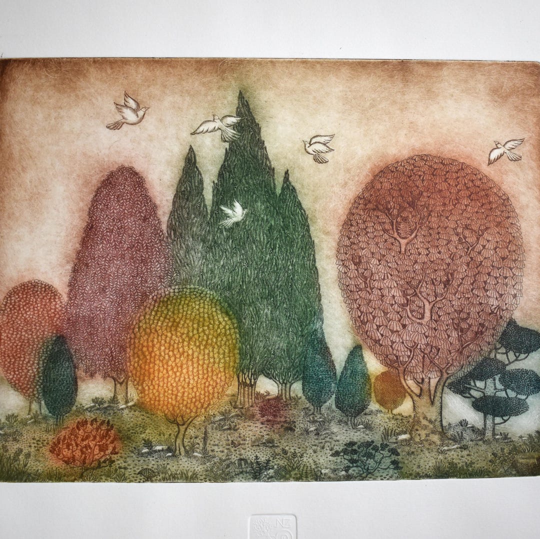 Dancing Doves, Original Etching, Handmade Print, Forest & Nature ...
