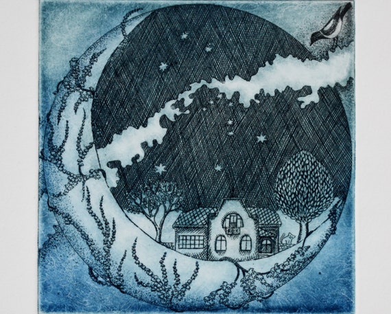 House on the Moon original Etching Wall Art Small | Etsy