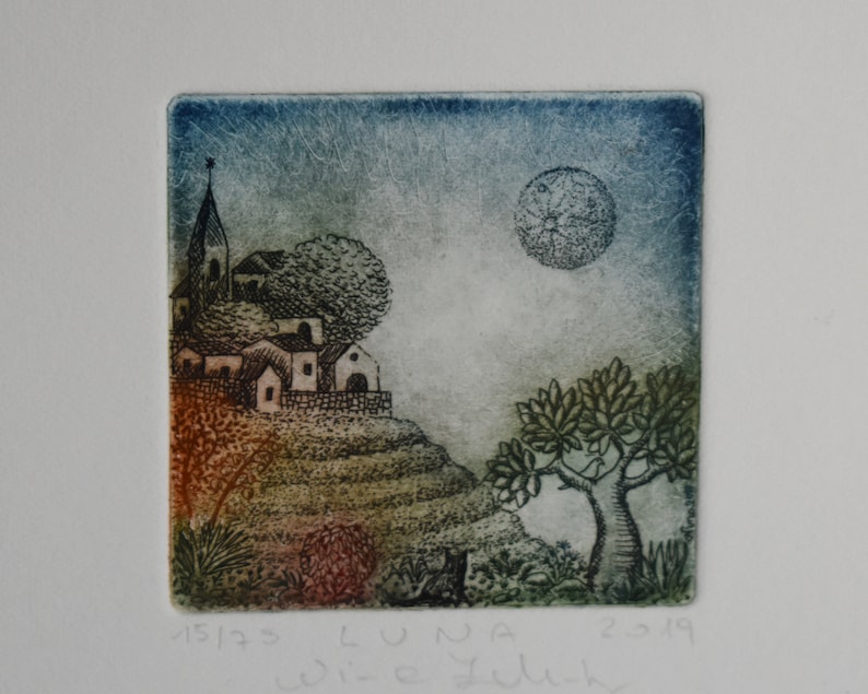 Full Moon Original Etching Small Engraving Wall Art | Etsy